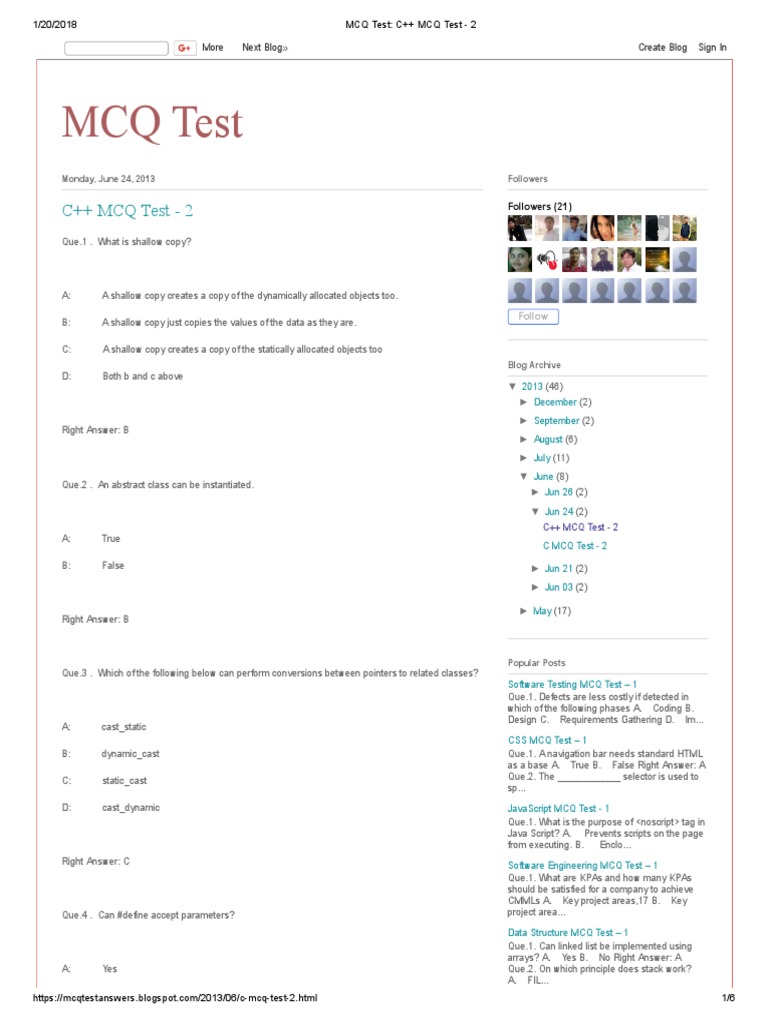 MCQ Test - C++ MCQ Test - 2 | PDF | C (Programming Language) | C++