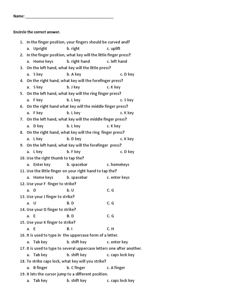 Keyboarding Practice Quiz: Identifying Proper Finger Placement and Key ...