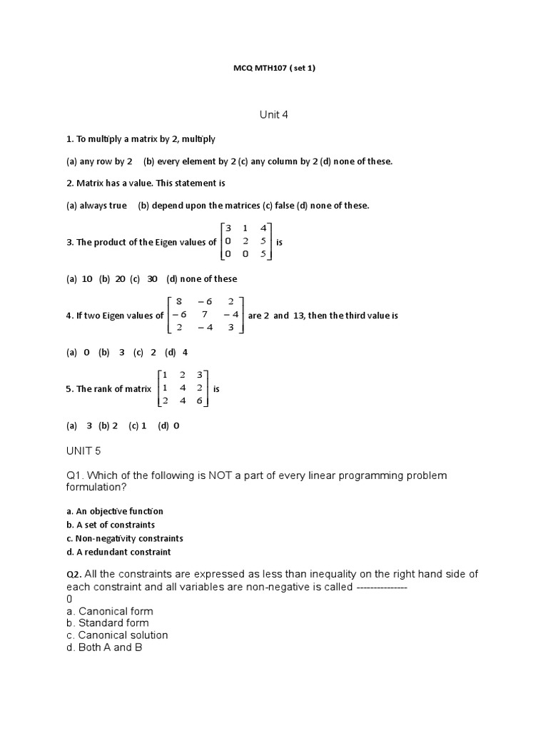MCQ (MTH107) | PDF | Matrix (Mathematics) | Eigenvalues And Eigenvectors