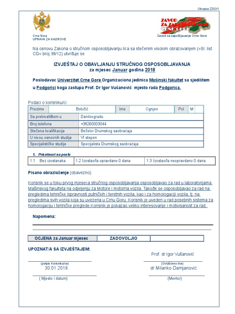 Izvještaj o Obavljanju Stručnog Osposobljavanja