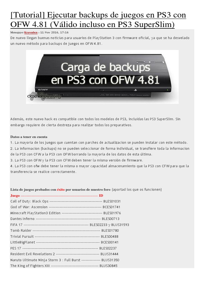 Tutorial Ejecutar Backups de Juegos en PS3 Con OFW 4.81 | PDF | Playstation 3 | Archivo de ...