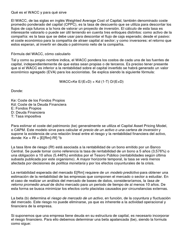 ¿Qué es el WACC y su cálculo? | PDF | Economía Financiera | Corporaciones