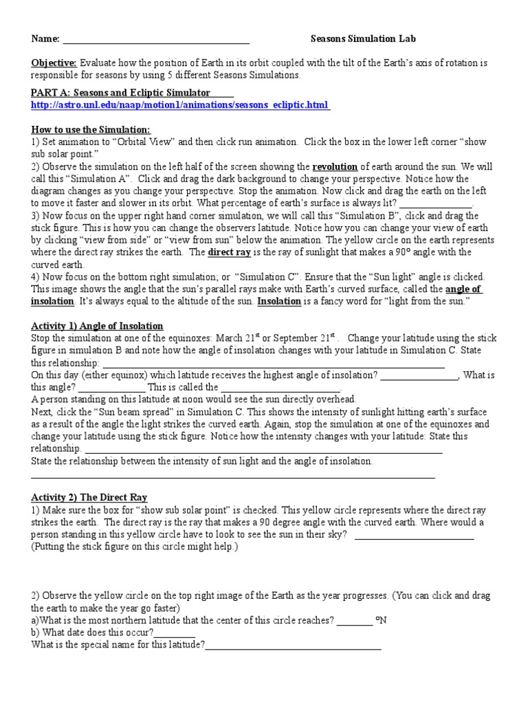 Seasons Simulation Lab | PDF | Equator | Orbital Inclination