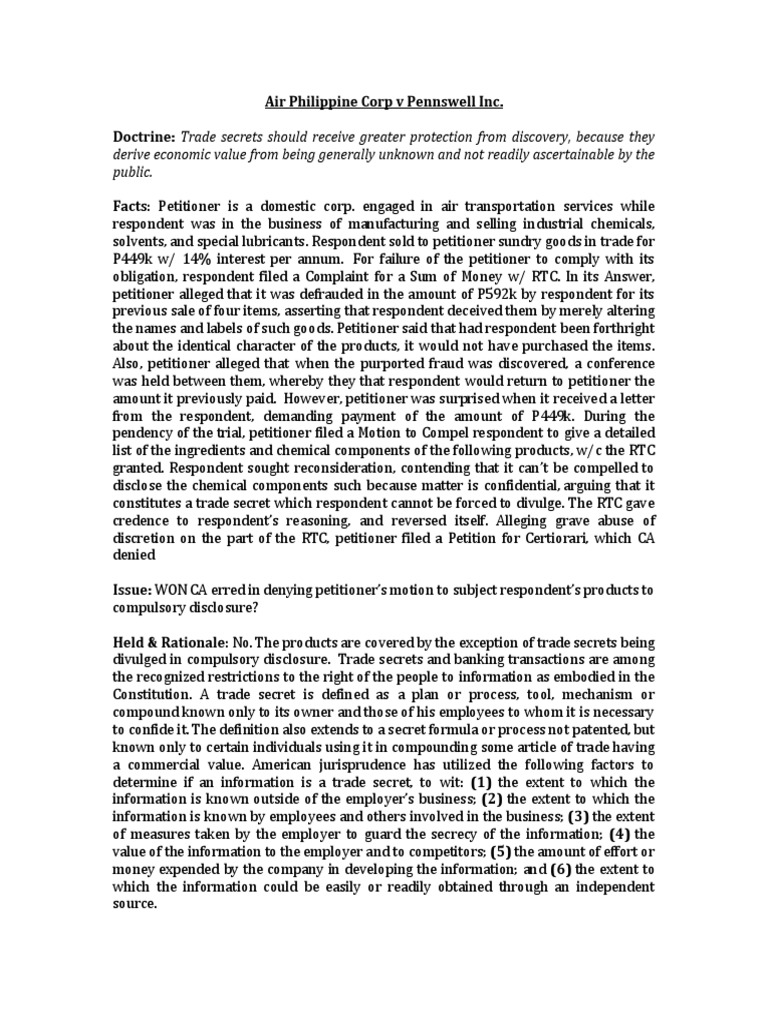 Air Philippine Corp V Pennswell Inc | PDF | Trade Secret | Private Law