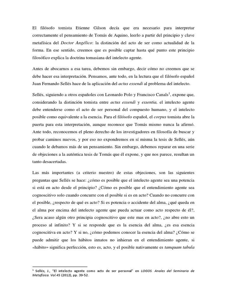 Intelecto Agente Como Acto de Ser | PDF | Tomás de Aquino | Comprensión