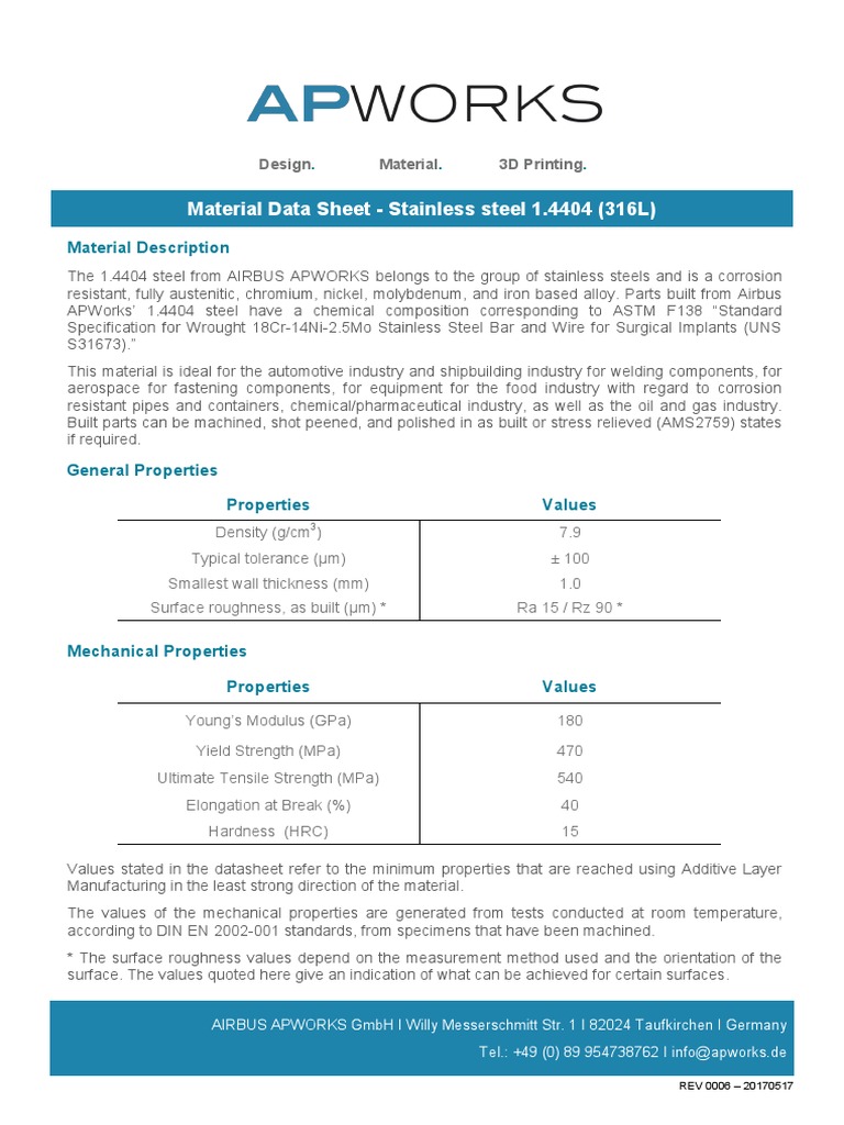 Material Data Sheet - Stainless Steel 1.4404 (316L) | PDF | Stainless ...