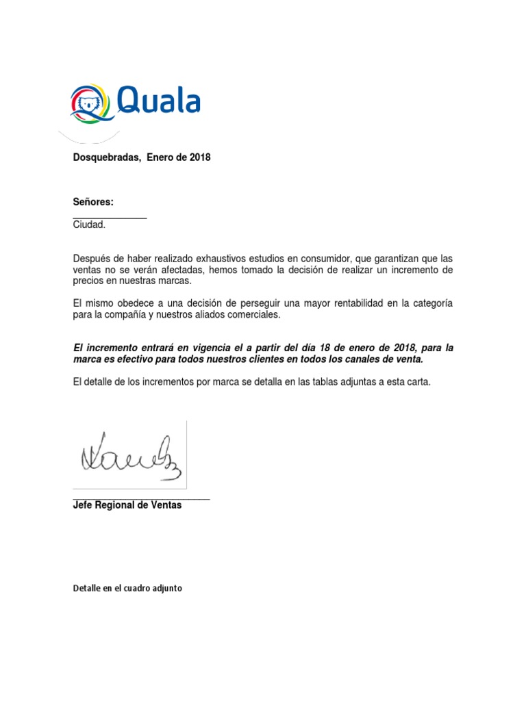 Carta Incremento Cr Nutribella | Economía (general) | Finanzas (general)