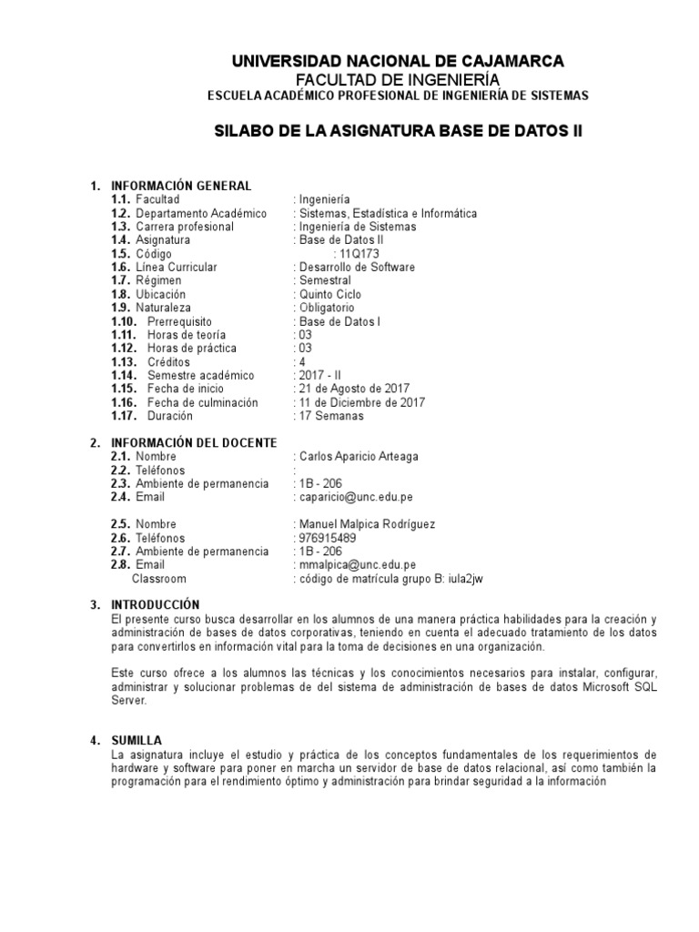 Sílabo de Base de Datos II | PDF | SQL | Prueba (evaluación)