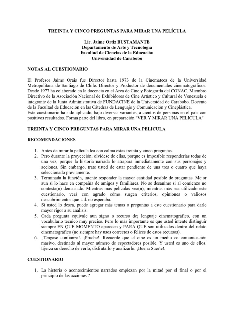 Análisis Cinematográfico: 35 Preguntas | PDF | Cuestionario | Piano