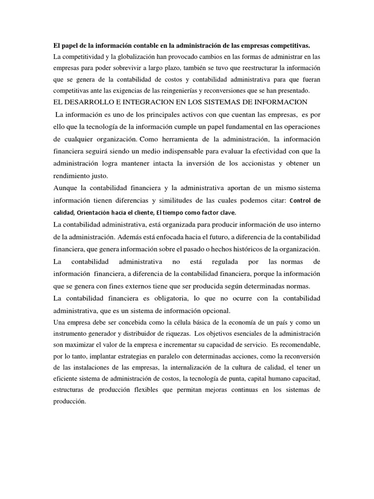 RESUMEN DEl Papel de La Información Contable en La Administración de Las Empresas Competitivas ...