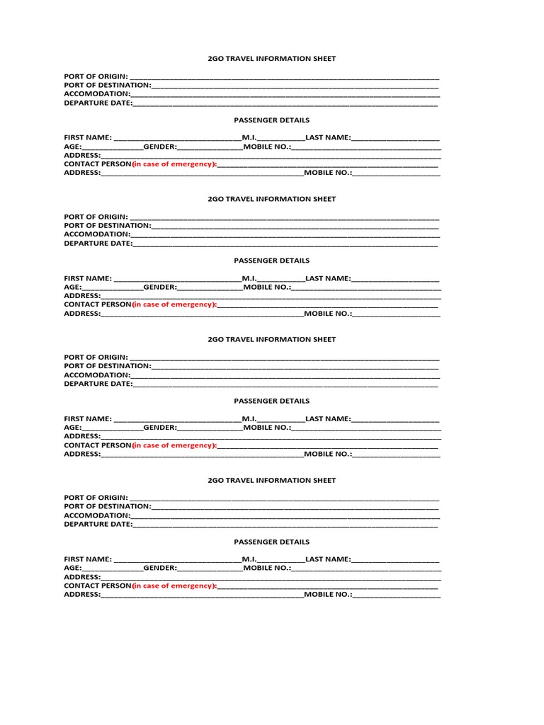 2go Travel Information Sheet | PDF