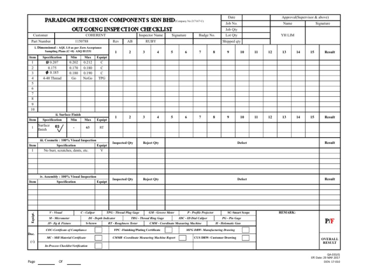 QA-033 Outgoing Inspection Checklist Rev.G | PDF | Measuring Instrument ...