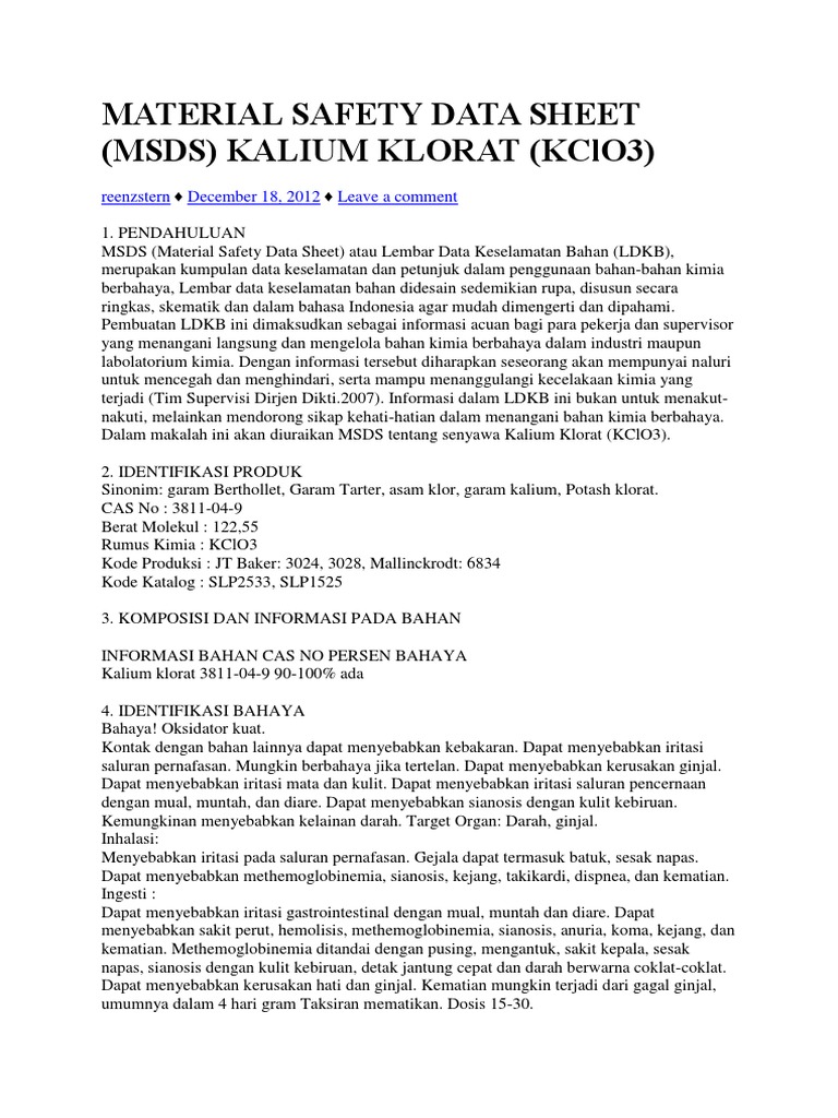 MSDS Kalium Klorat (KClO3) | PDF | Sains & Matematika