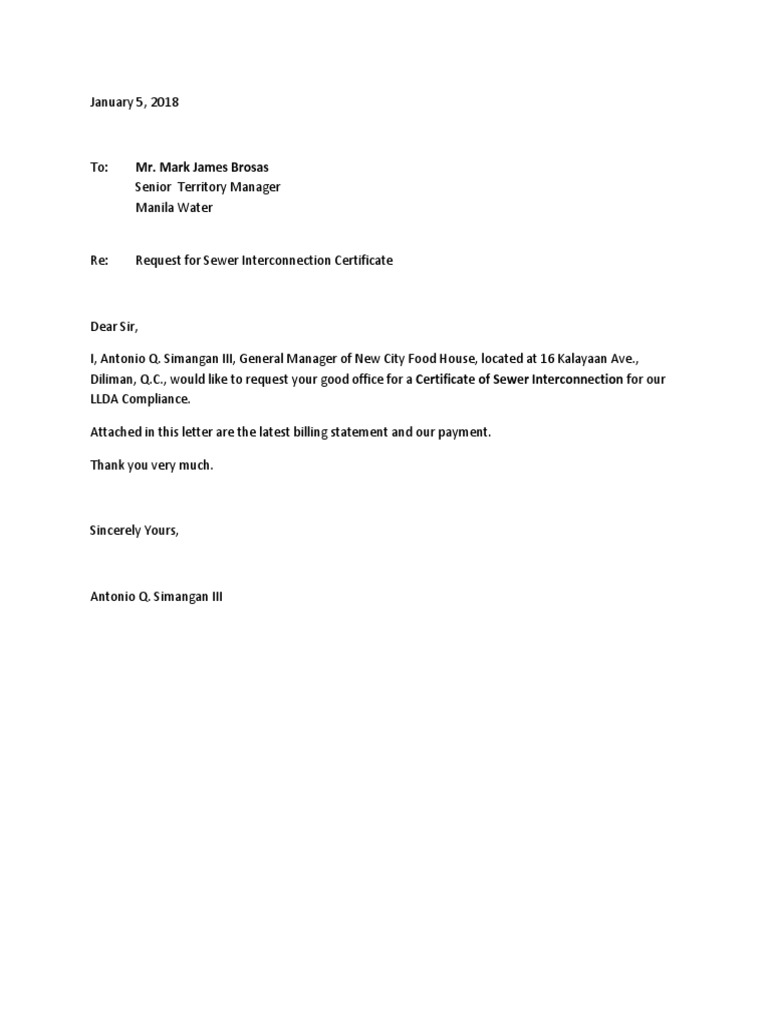 Request For Certificate of Sewage Interconnection | PDF