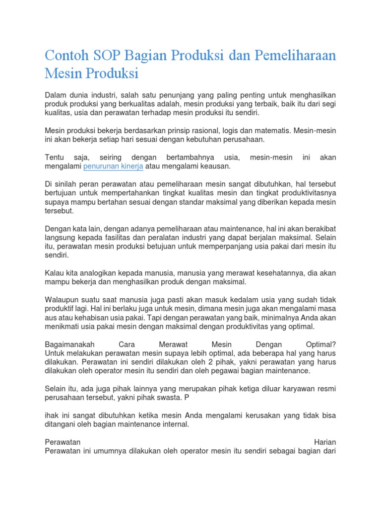 Contoh SOP Bagian Produksi Dan Pemeliharaan Mesin Produksi | PDF