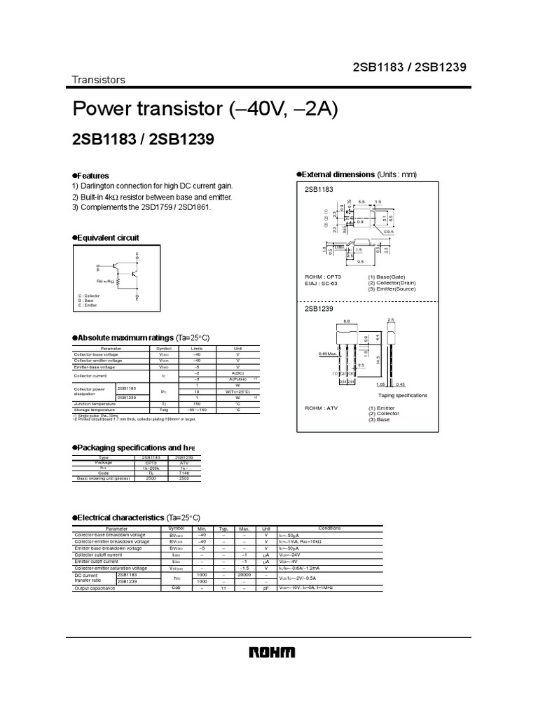 Power Transistor Specification Sheet: 2SB1183 / 2SB1239 Darlington ...