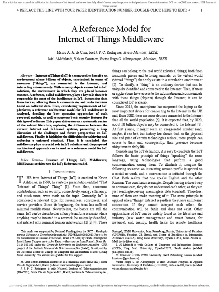 A Reference Model For Internet of Things Middleware: Member, IEEE ...