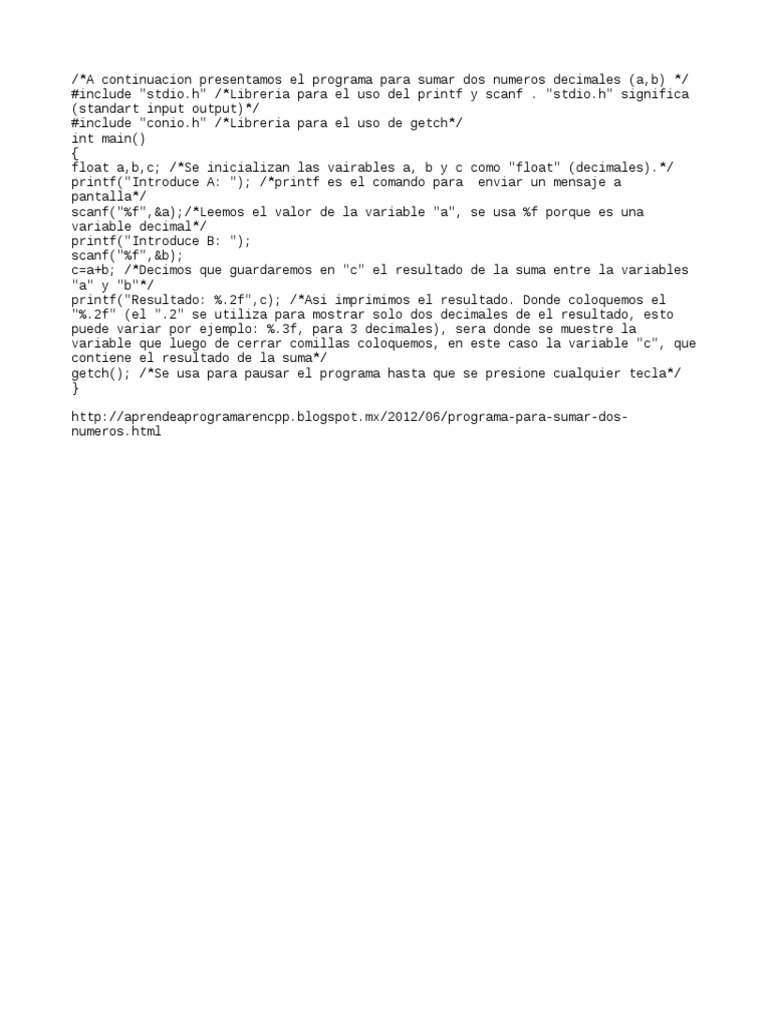 Programa para Sumar Dos Numeros (Decimales) en C++ | PDF Programa para Sumar Dos Numeros (Decimales) en C++ | PDF