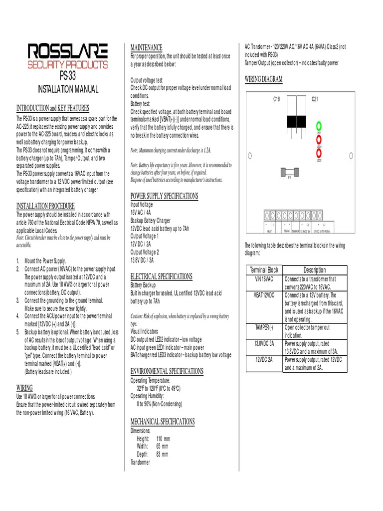 PS-33 Installatio Manual 290908 | PDF | Power Supply | Battery Charger