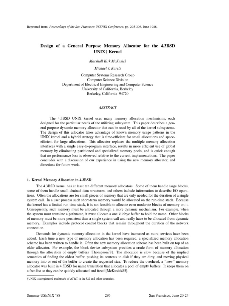 Design of A General Purpose Memory Allocator For The 4.3BSD UNIX Kernel | PDF | Kernel ...