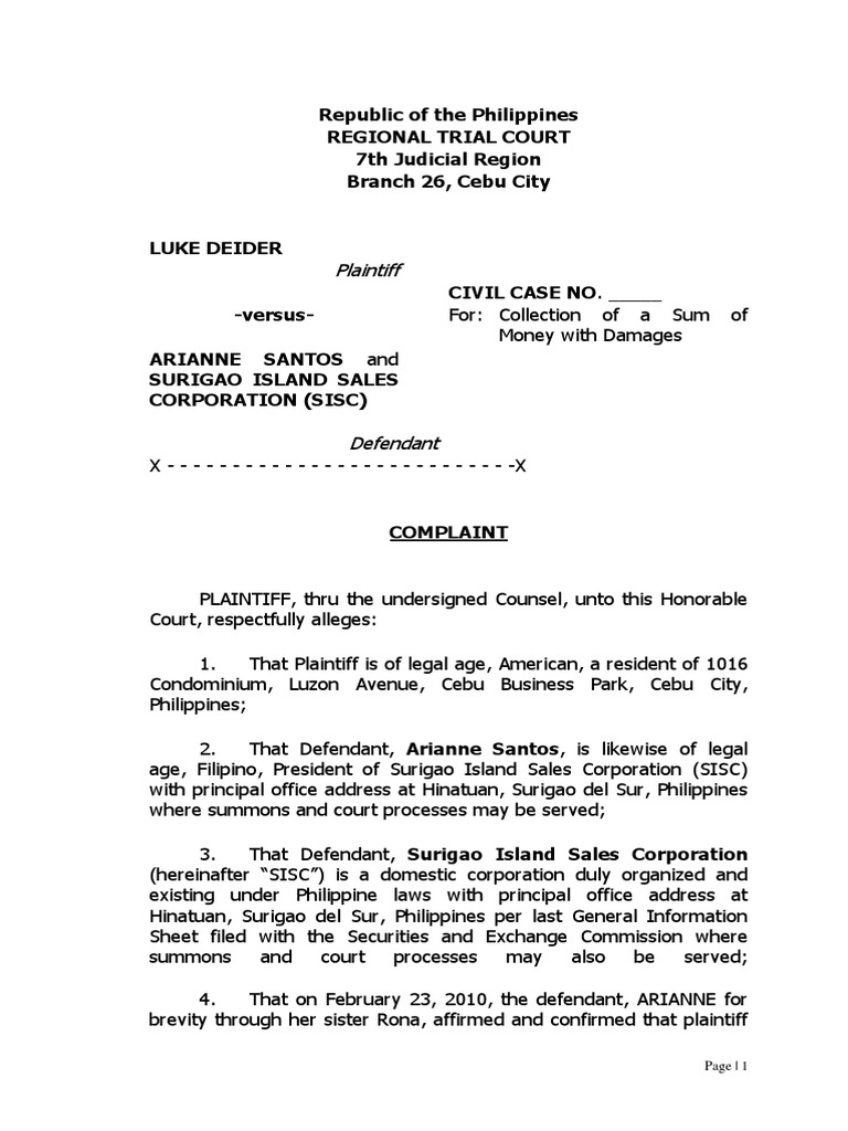 Sample Complaint For Sum of Money | PDF | Lawsuit | Damages