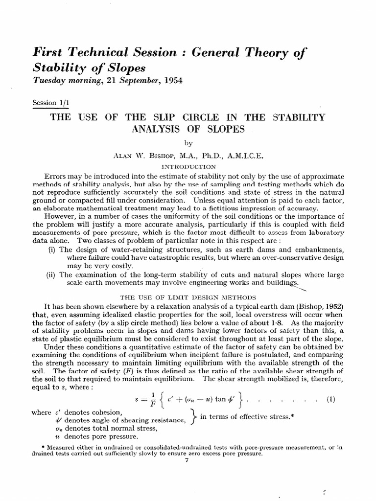 The Use of The Slip Circle in The Stability Analysis of Slopes-Bishop ...