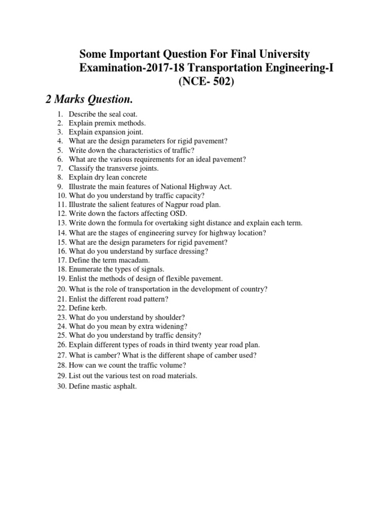 Key Questions for Transportation Engineering Exam | PDF | Road Surface ...