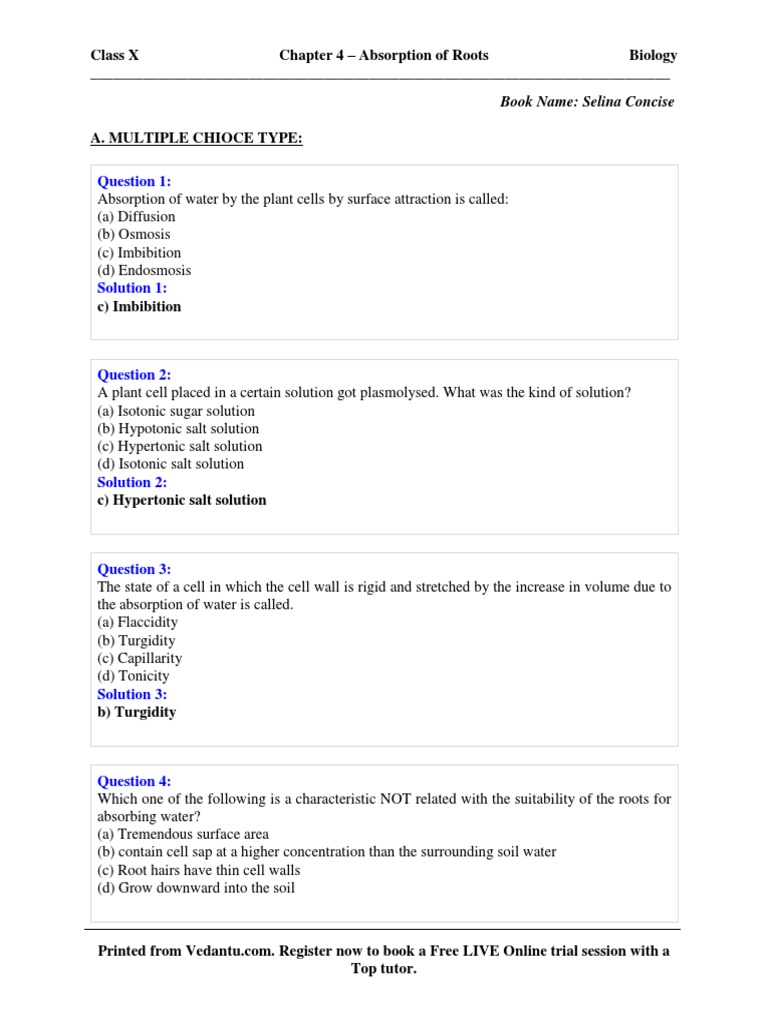 Class X Chapter 4 Absorption Of Roots Biology Book Name Selina