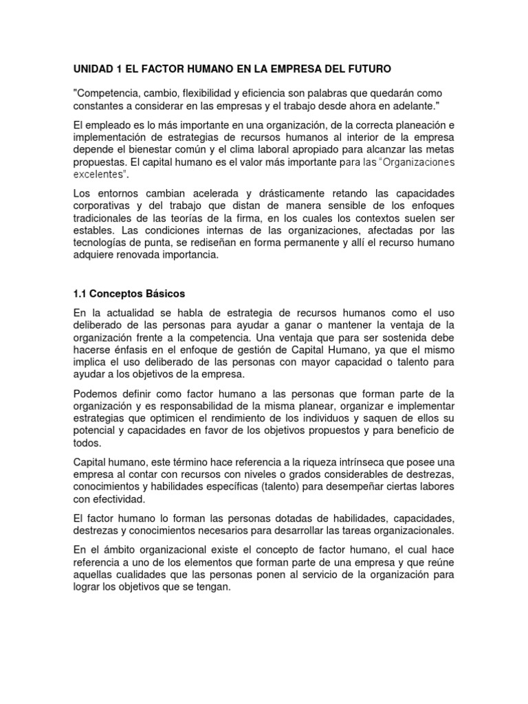 Unidad 1 El Factor Humano en La Empresa Del Futuro | PDF | Gestión de recursos humanos | Capital ...