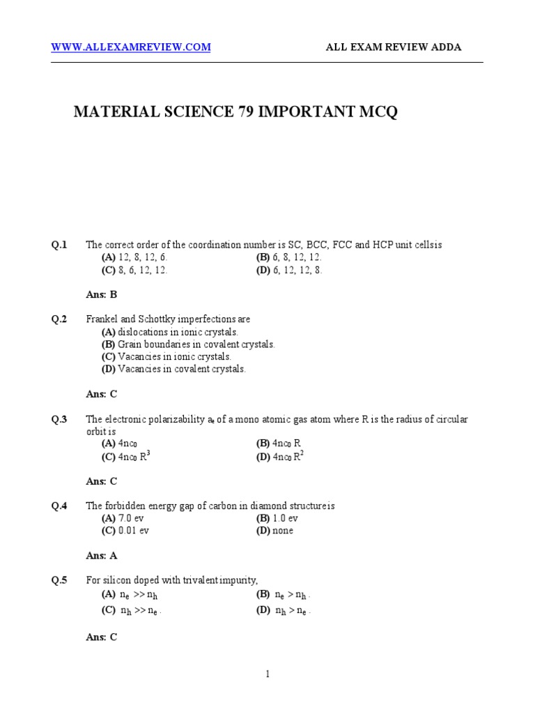 Material Science 79 Important MCQ PDF | PDF | Semiconductors | Electron
