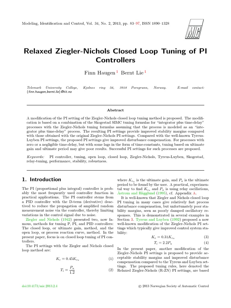 Relaxed Ziegler-Nichols Closed Loop Tuning of PI Controllers | PDF | Control Theory | Control System