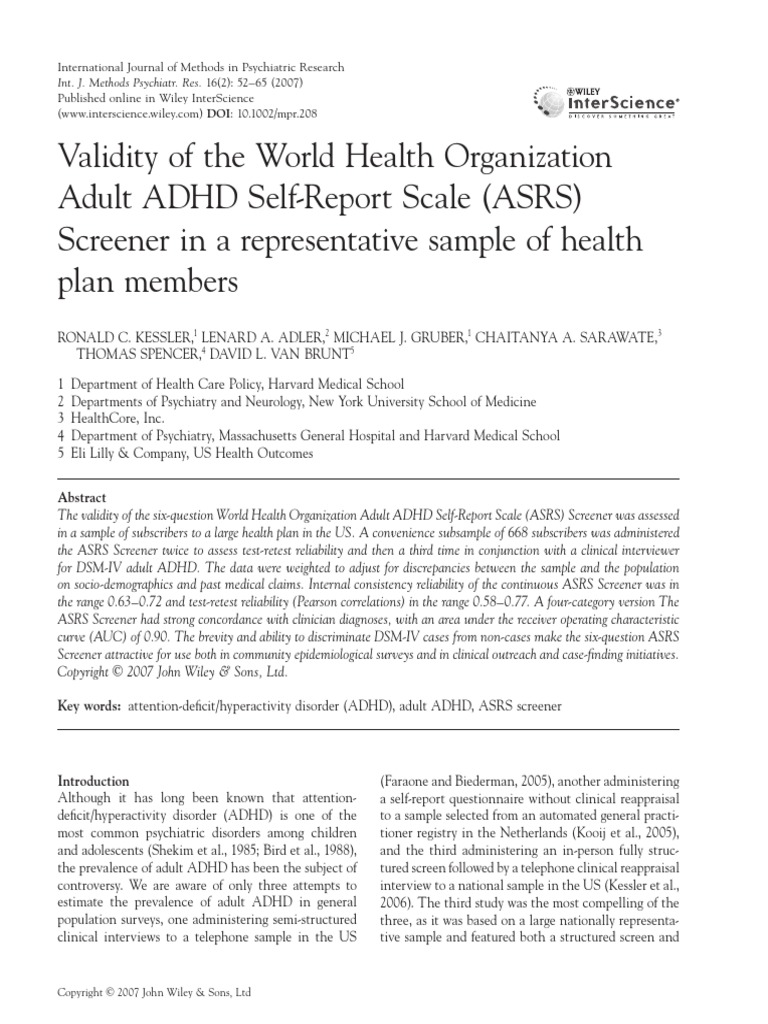 Validity of The World Health Organization Adult ADHD Self-Report Scale ...