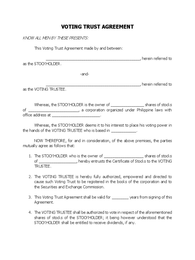 Voting Trust Agreement (Template) | Trustee | Corporations