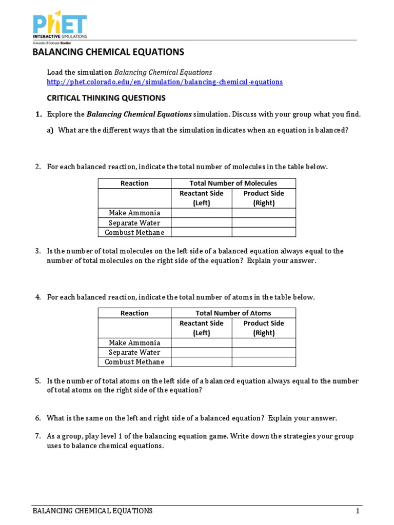 PHET Balancing Chemical Equations Guide | PDF | Change | Chemical ...
