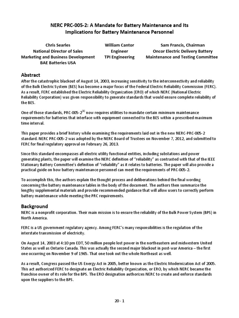 NERC PRC-005-2 Battery Maintenance Guide | PDF | Battery (Electricity ...