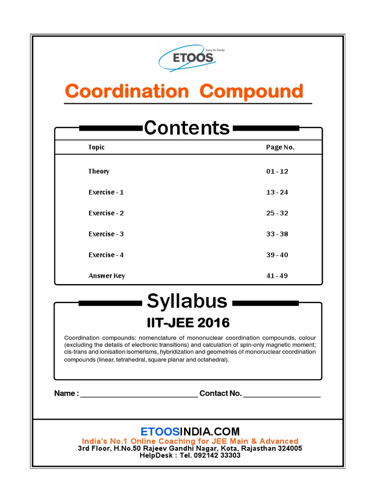 IIT JEE Coordination Compound Etoos DPP | PDF | Coordination Complex | Valence (Chemistry)