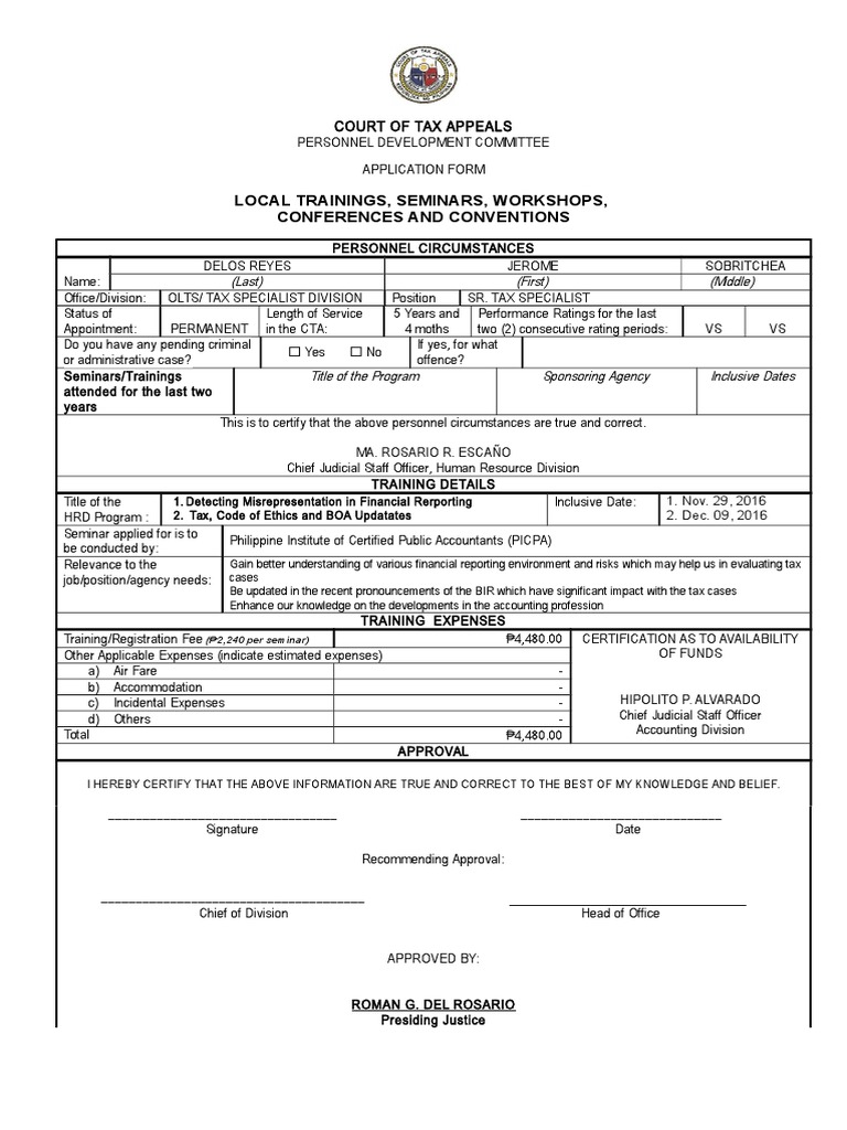 CTA Personnel Training Application Form | PDF | Accounting | Taxes