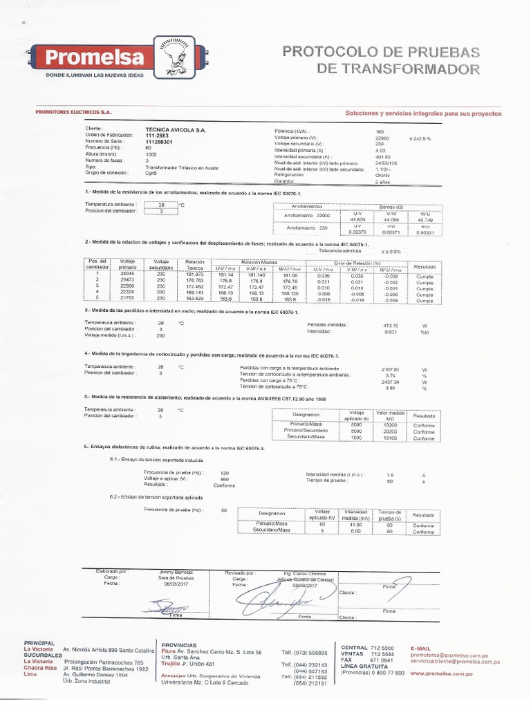 Protocolo de Pruebas de Transformador | PDF