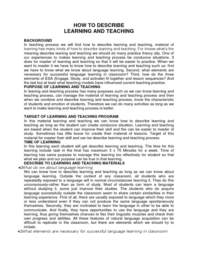 How To Describe Learning and Teaching: Background | PDF | Language ...
