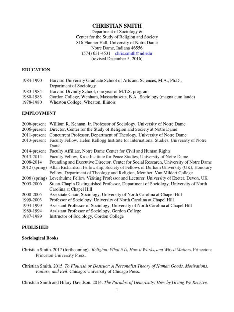 Christian Smith CV 12-5-16 | PDF | Academia | Sociology