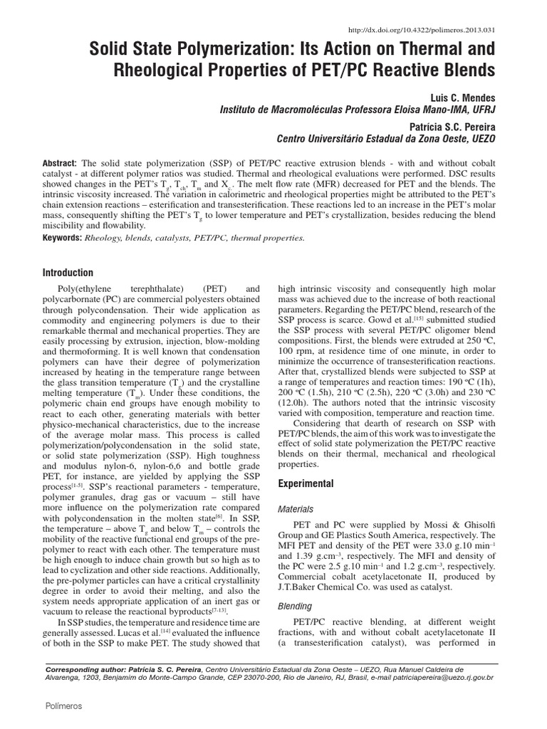Solid State Polymerization Its Action On Thermal and Rheological ...