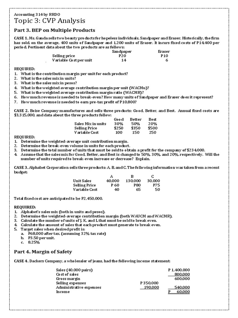 Topic 3: CVP Analysis: Part 3. BEP On Multiple Products | Download Free PDF | Profit (Accounting ...