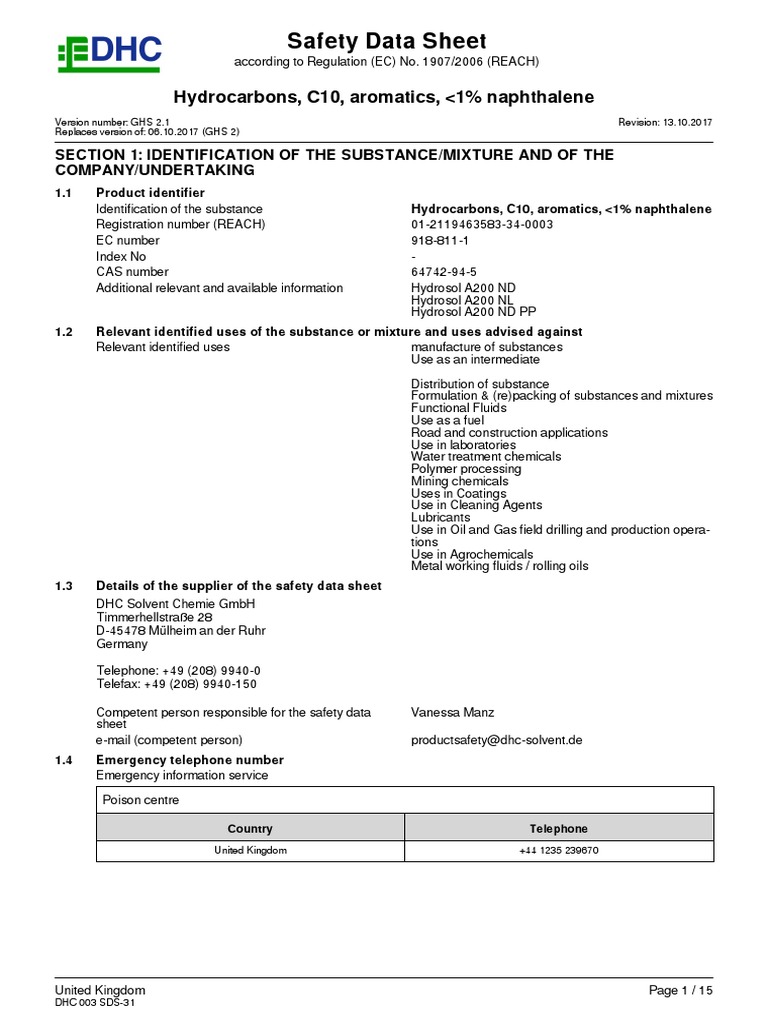 Safety Data Sheet: Hydrocarbons, C10, Aromatics, 1% Naphthalene | PDF ...