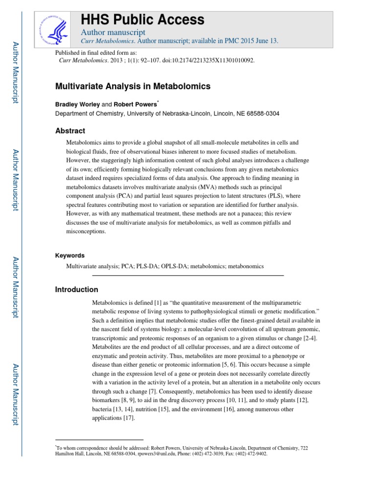 Multivariate Analysis in Metabolomics | PDF | Metabolomics | Principal ...