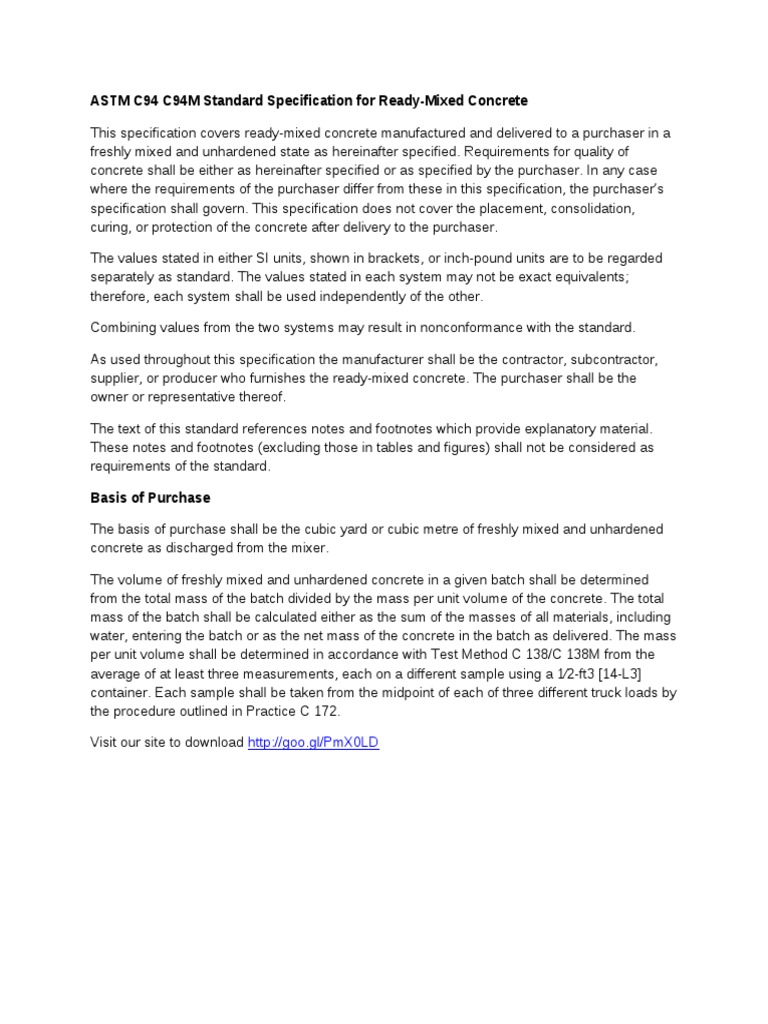 Astm c94 c94m Standard Specification For Ready Mixed Concrete | PDF