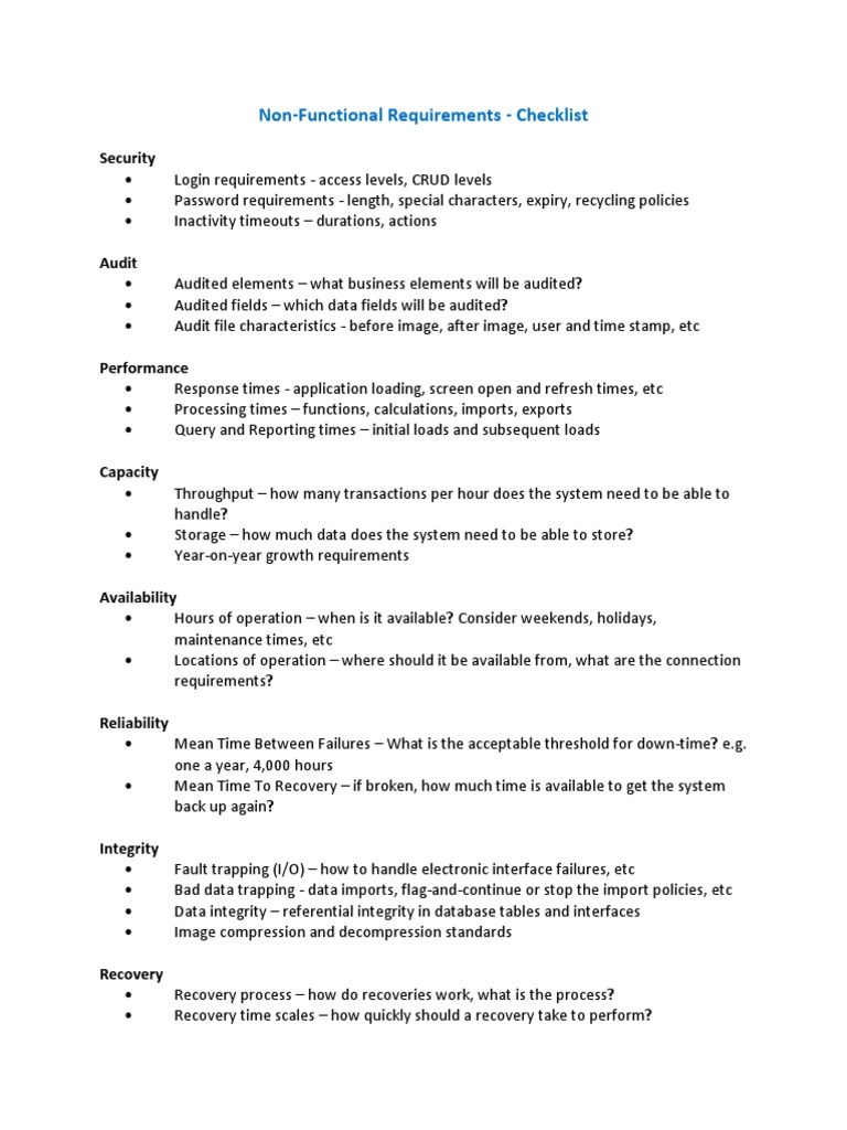 Non-Functional Requirements Checklist | PDF | Databases | Digital ...
