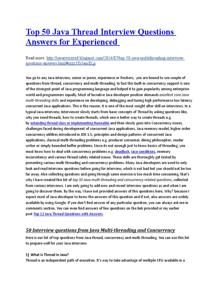 Top 50 Java Thread Interview Questions Answers For Experienced | PDF ...