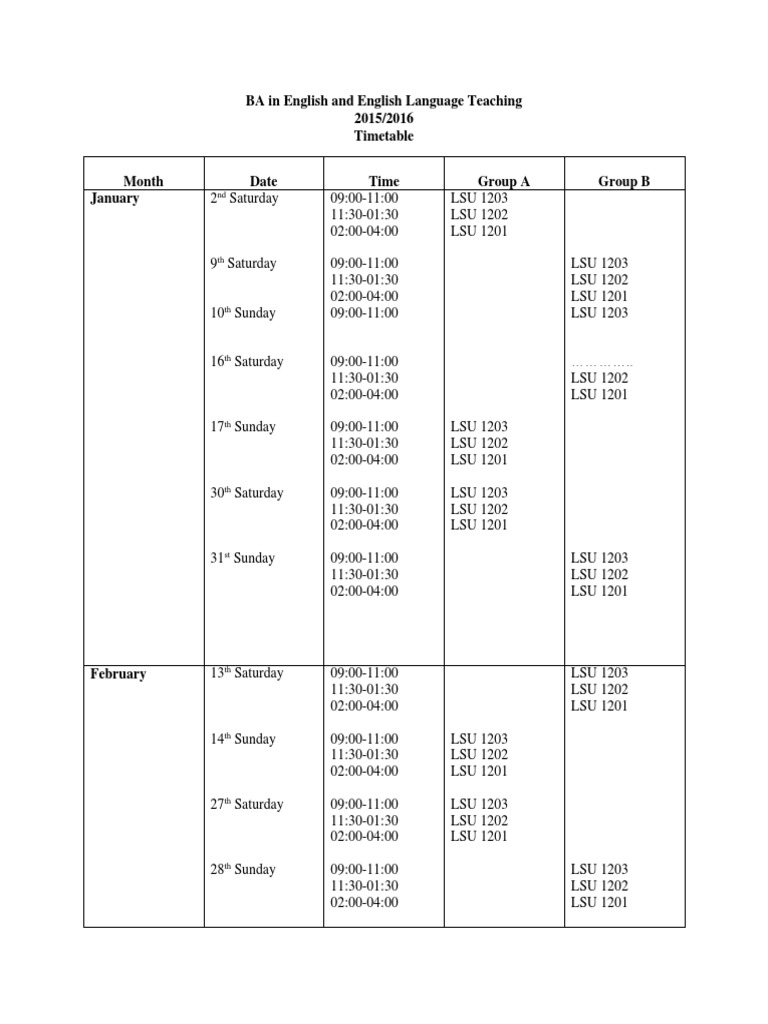 BA in English and English Language Teaching 2015/2016 Timetable | PDF ...
