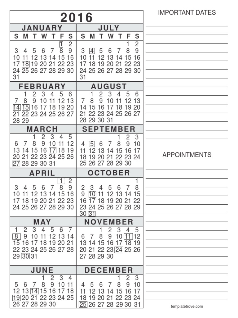2016 Yearly Calendar 5 Black | PDF