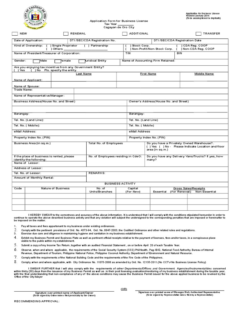 Cagayan de Oro Business Permit Application | PDF | License | Taxes